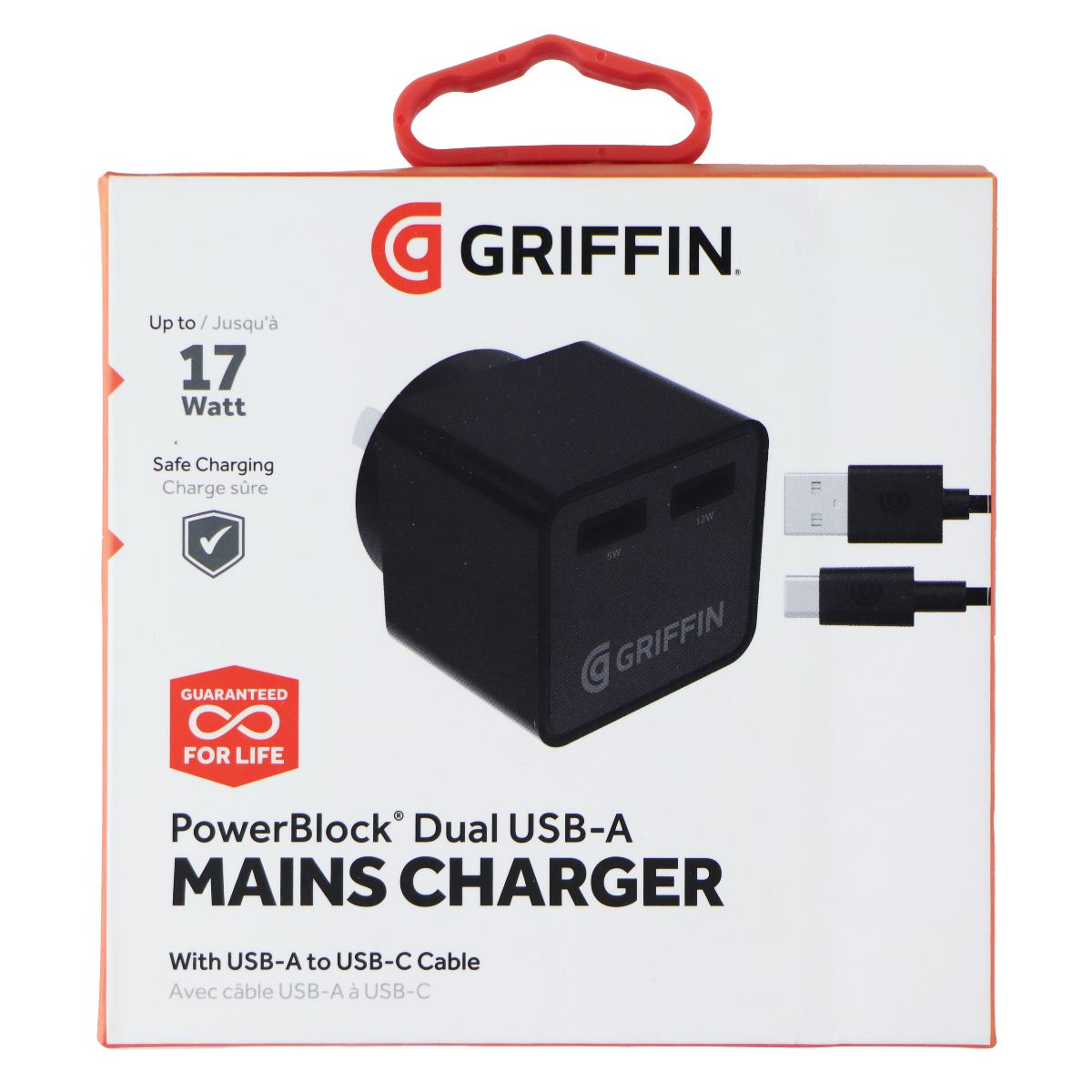 Griffin PowerBlock Dual USB-A MAINS Charger + USB-A to USB-C Cable - B ...