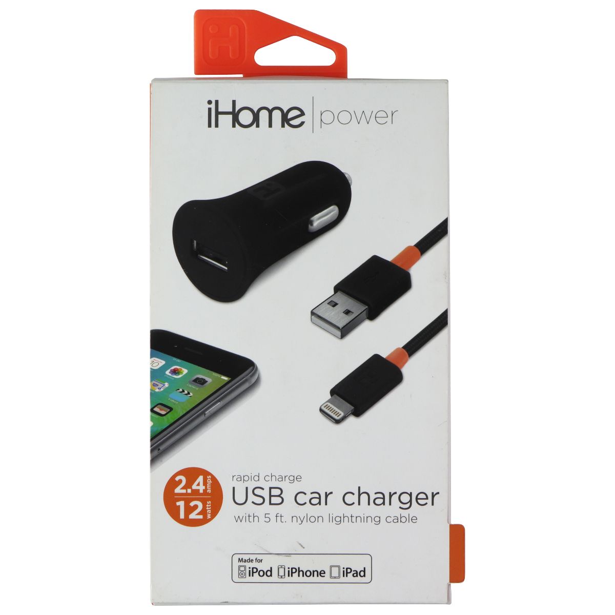 iHome Power 12W USB Car Charger with 5Ft Lightning 8-Pin Cable - Black ...