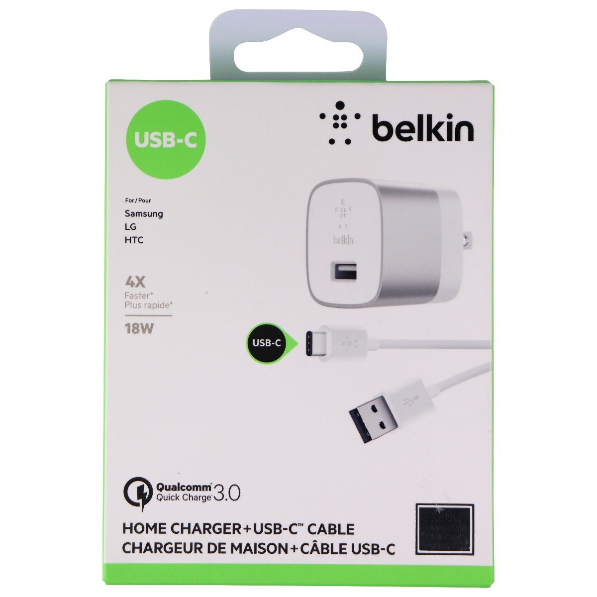 Belkin (18-Watt) Qualcomm QC 3.0 Wall Adapter and USB-C Cable - White ...