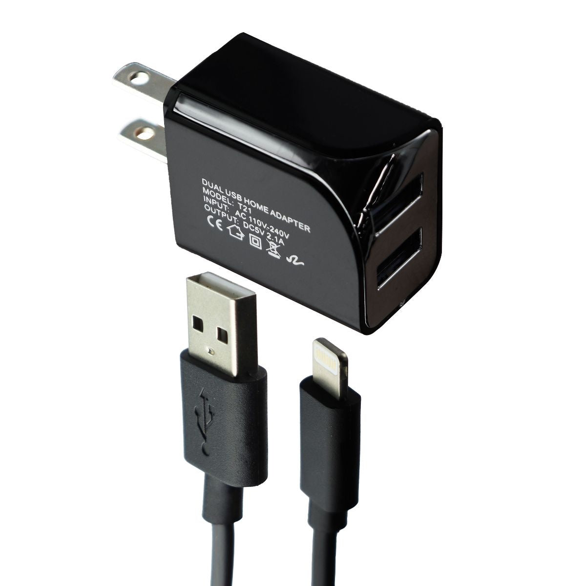 Dual Port USB Wall Charger (5V/2.1A) with 5FT 8-Pin to USB Cable - Bla ...